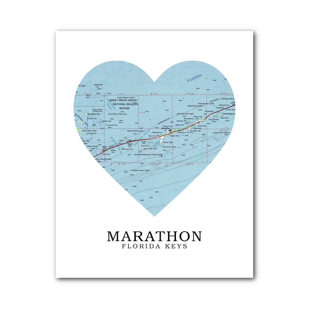 Marathon Map Heart Print, Marathon FL Map Art, Florida Map, Heart Map ...