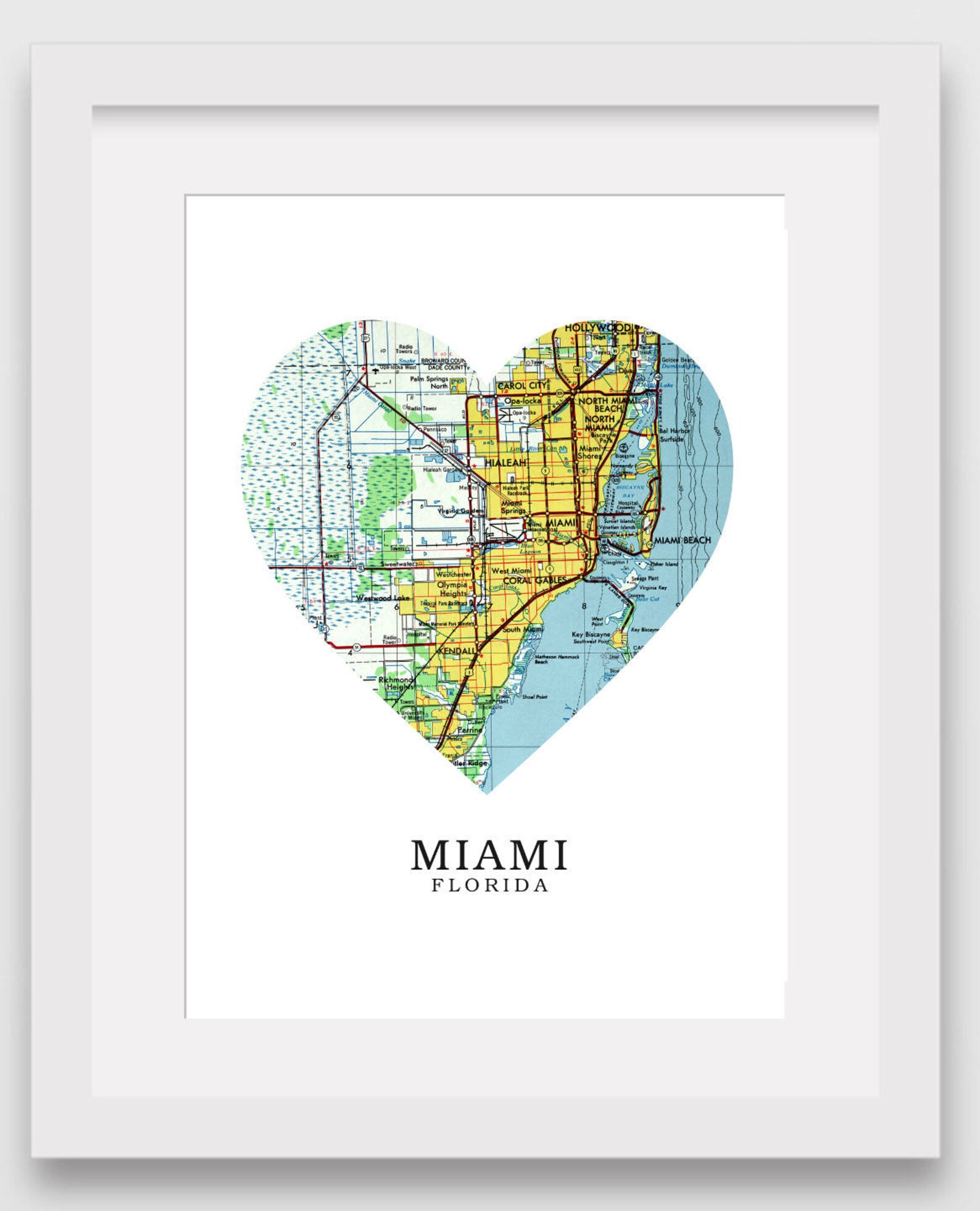 Miami Map Heart Print Miami Map Art Florida Map Heart Map | Etsy