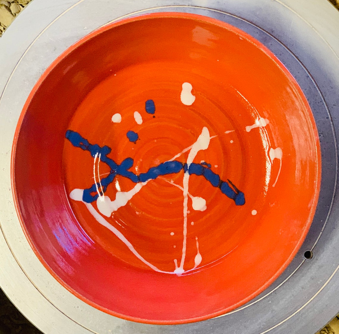 Large Orange Ceramic Platter With Blue and White Accents - Etsy