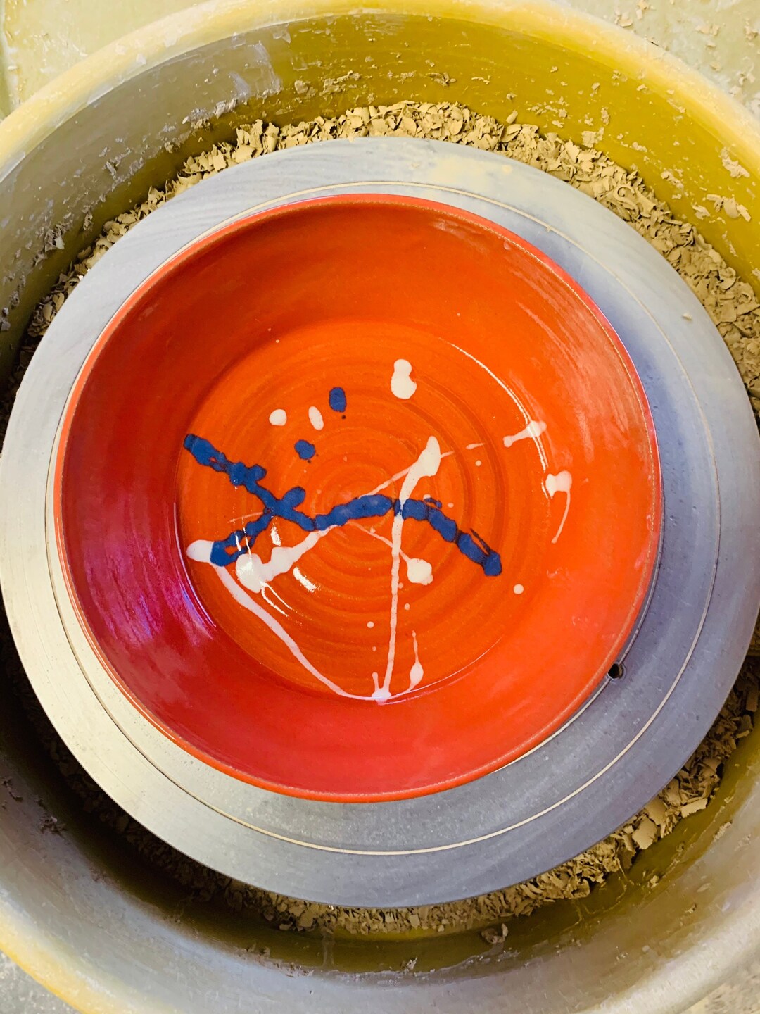 Large Orange Ceramic Platter With Blue and White Accents - Etsy