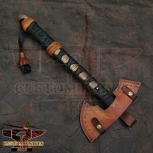 Very Nice Hand Forged Axe With Leather Wrap Wooden Handle Best Gift for ...