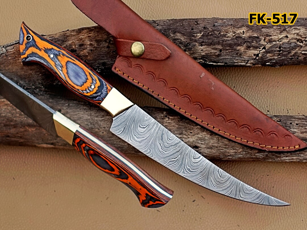 Handmade Damascus Steel Fillet Fishing Knife , Handmade Damascus Fillet ...