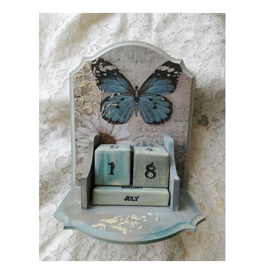 Wooden Perpetual Calendar, Blue Butterfly Eternal Desktop Calendar ...