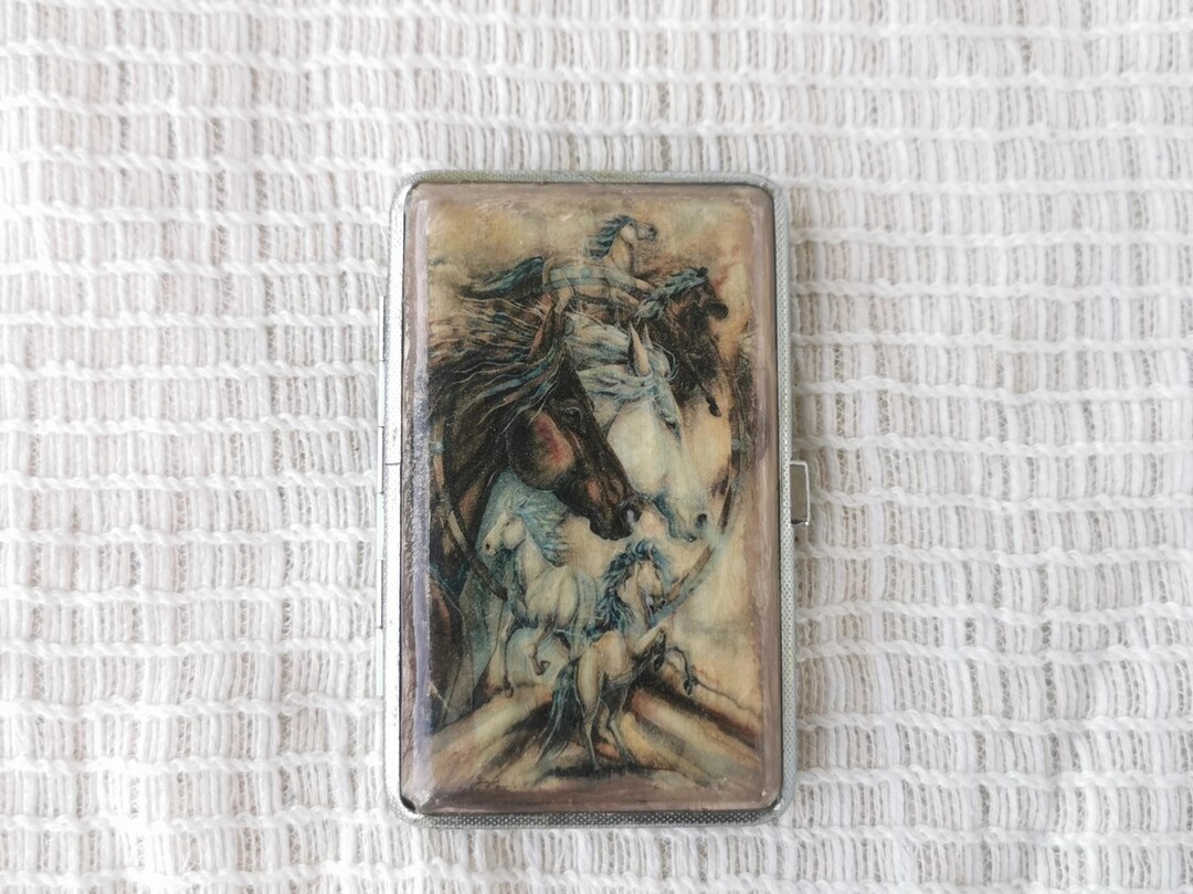 Horse Cigarette Case, Mustang Cigarette Box, Metal Decoupage Double ...