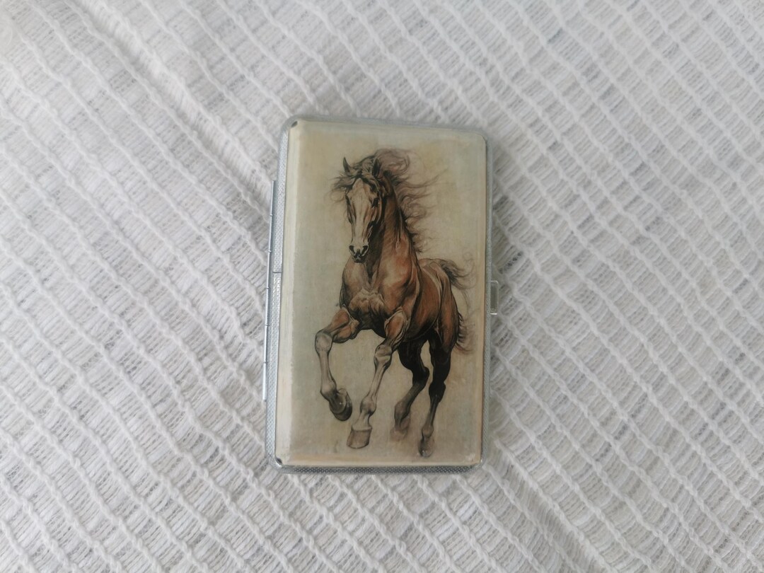 Horse Cigarette Case, Mustang Cigarette Box, Metal Decoupage Double ...