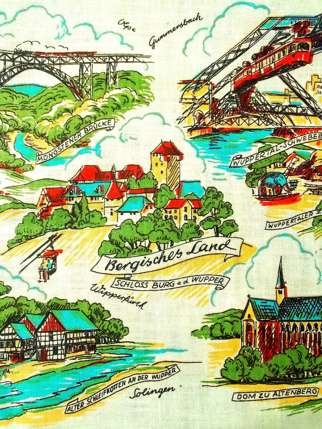 Vintage Souvenir Handkerchief – Bergisches Land Germany Landmarks Print ...