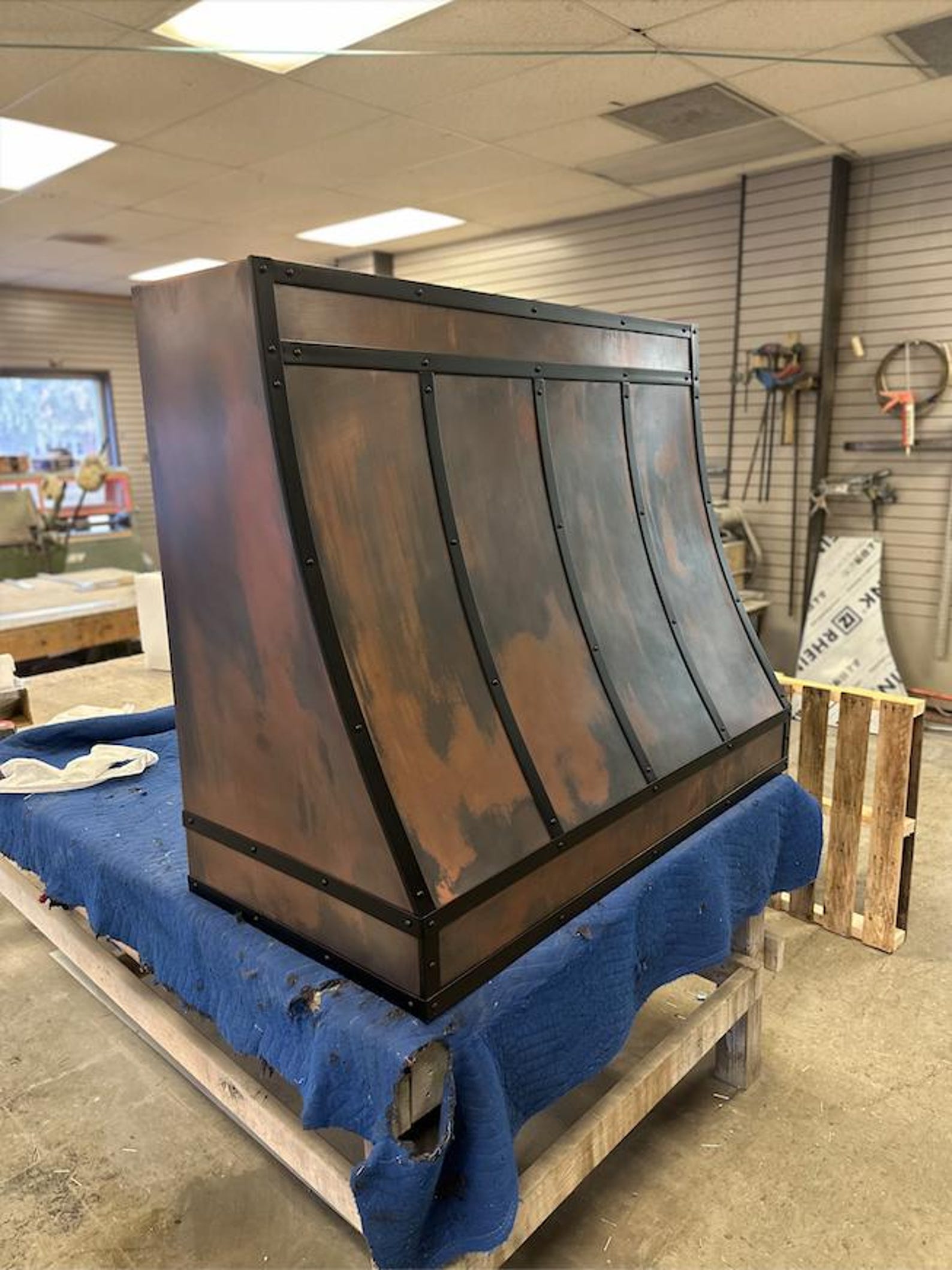 Handcrafted Custom Metal Range Hood With Black Straps and Aged Patina ...