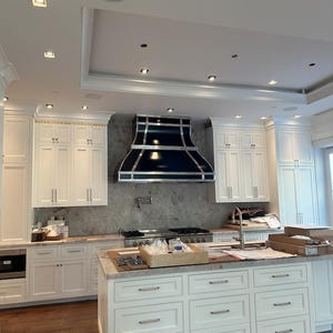 Custom Navy Blue Range Hood With Chrome Stainless Steel Bands ...