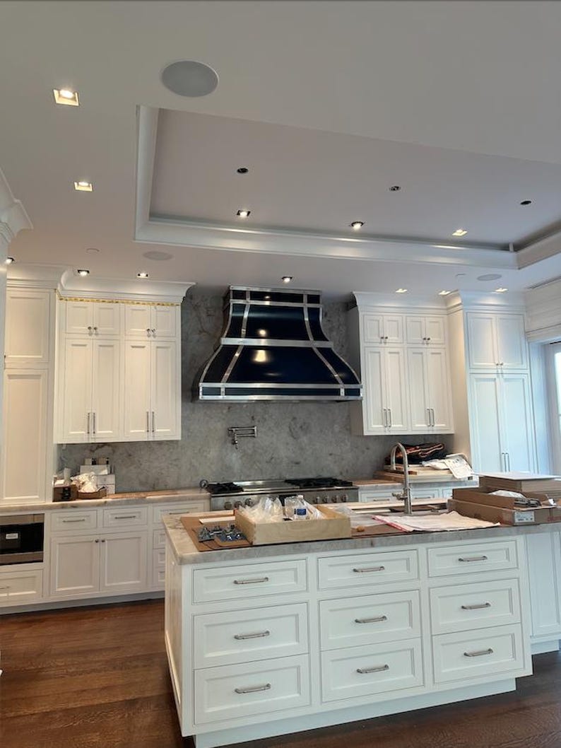Custom Navy Blue Range Hood With Chrome Stainless Steel Bands ...