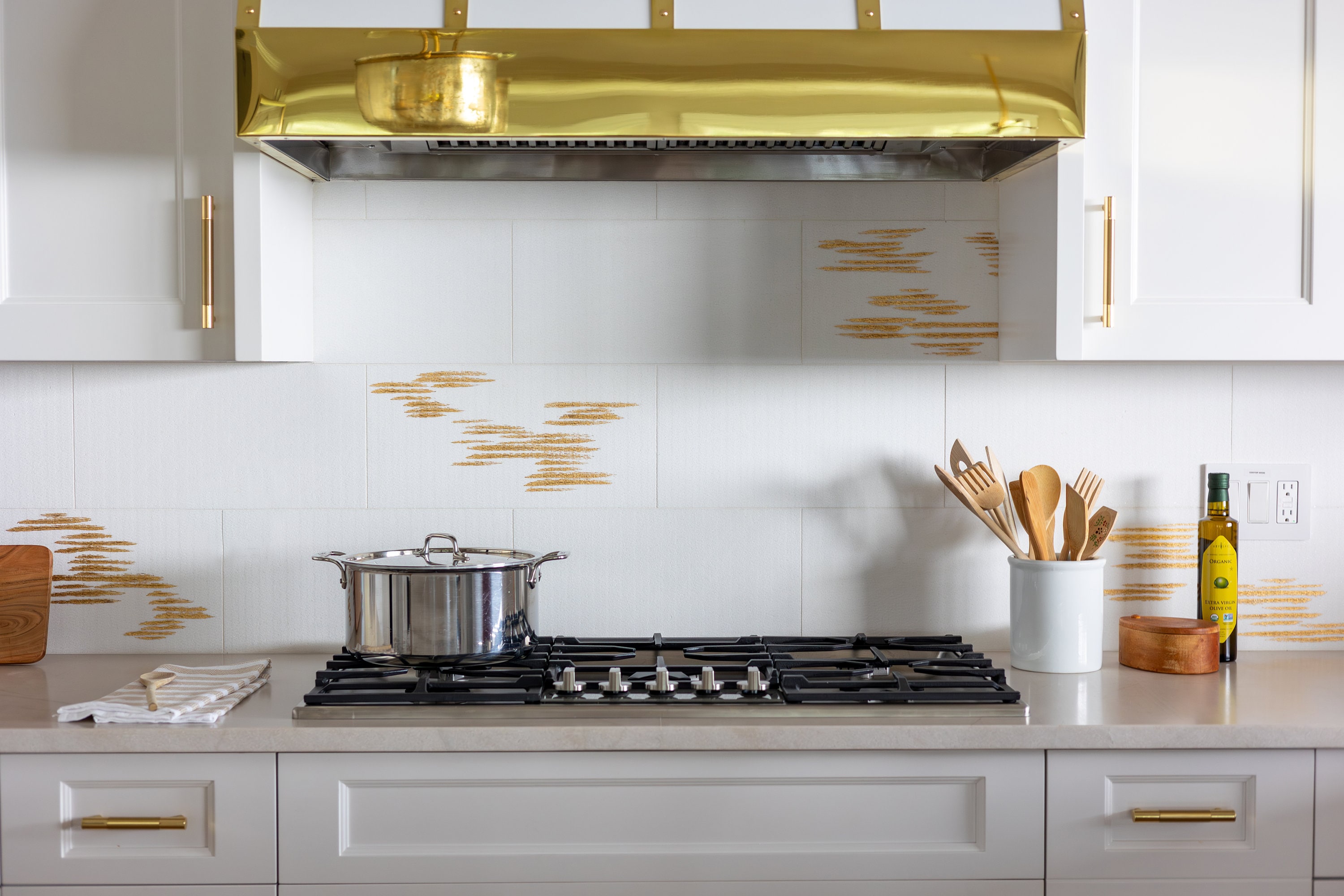 White and Gold (brass) Hood | Wall Mounted Hood | Custom Made Kitchen ...