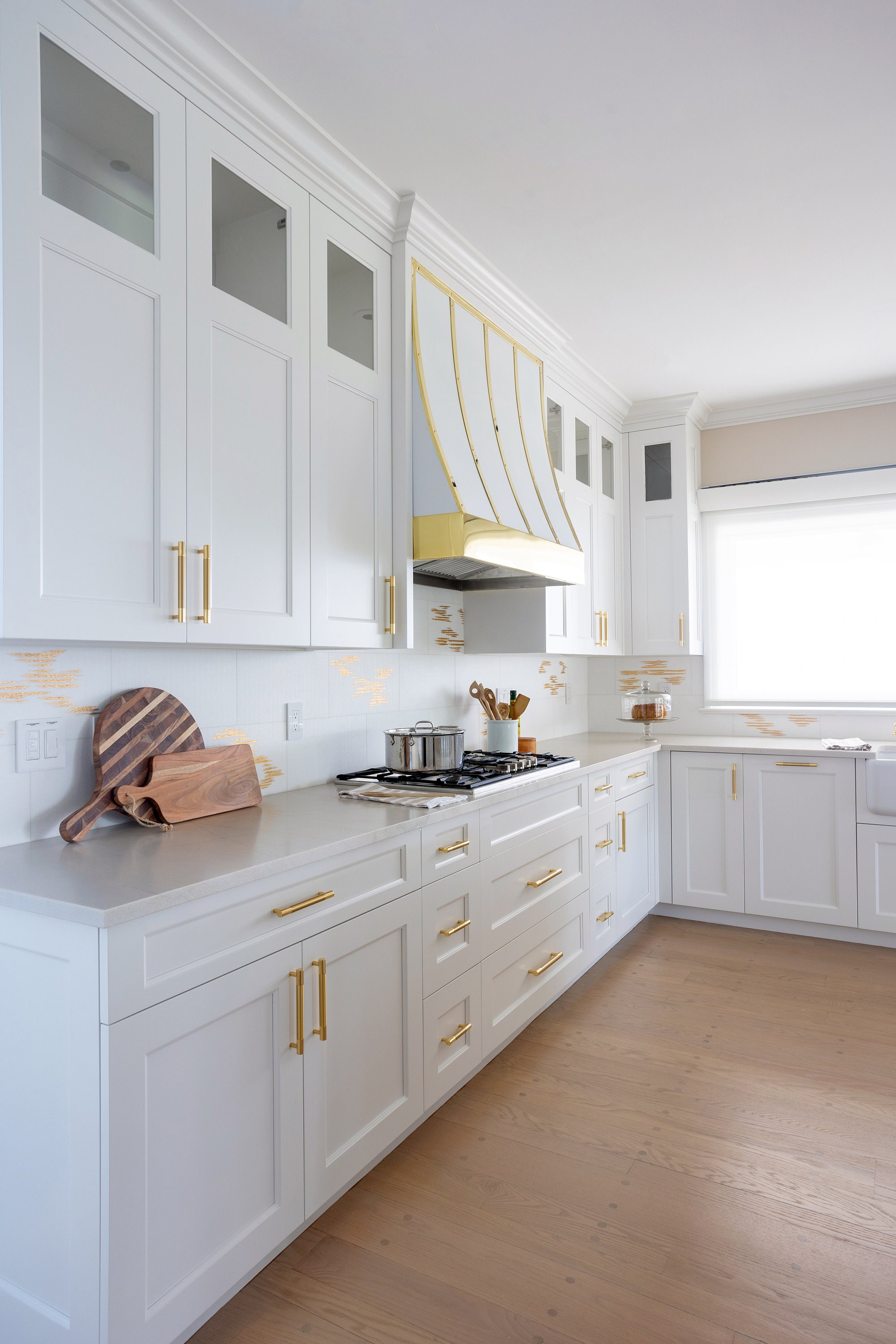 White and Gold (brass) Hood | Wall Mounted Hood | Custom Made Kitchen ...