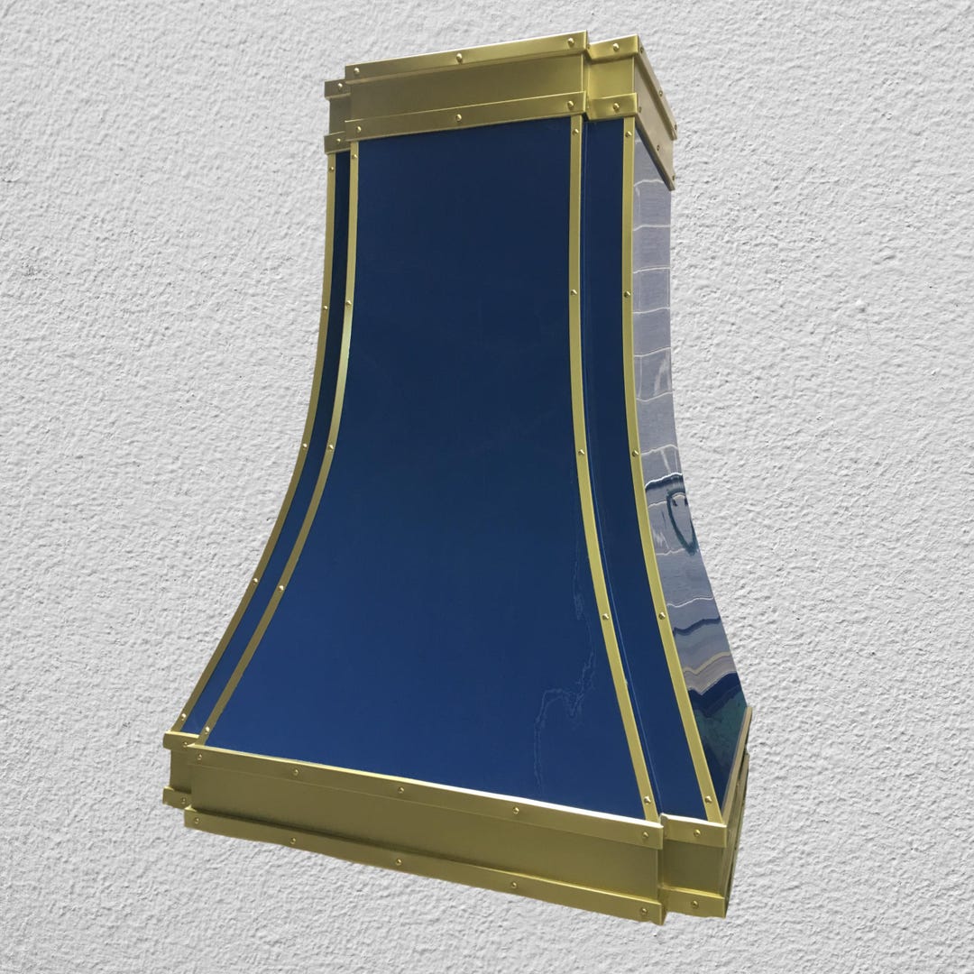 Custom Blue Kitchen Range Hood With Brushed Brass Straps – Luxury ...