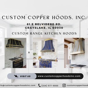 Hand-painted Blue Kitchen Vent Hood With Brass Straps – Custom Rustic ...
