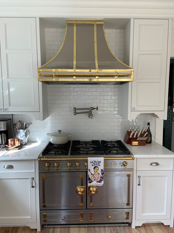 Stainless Steel Range Hood with brass trims for Stainless Steel La Cornue stove custom metal hood