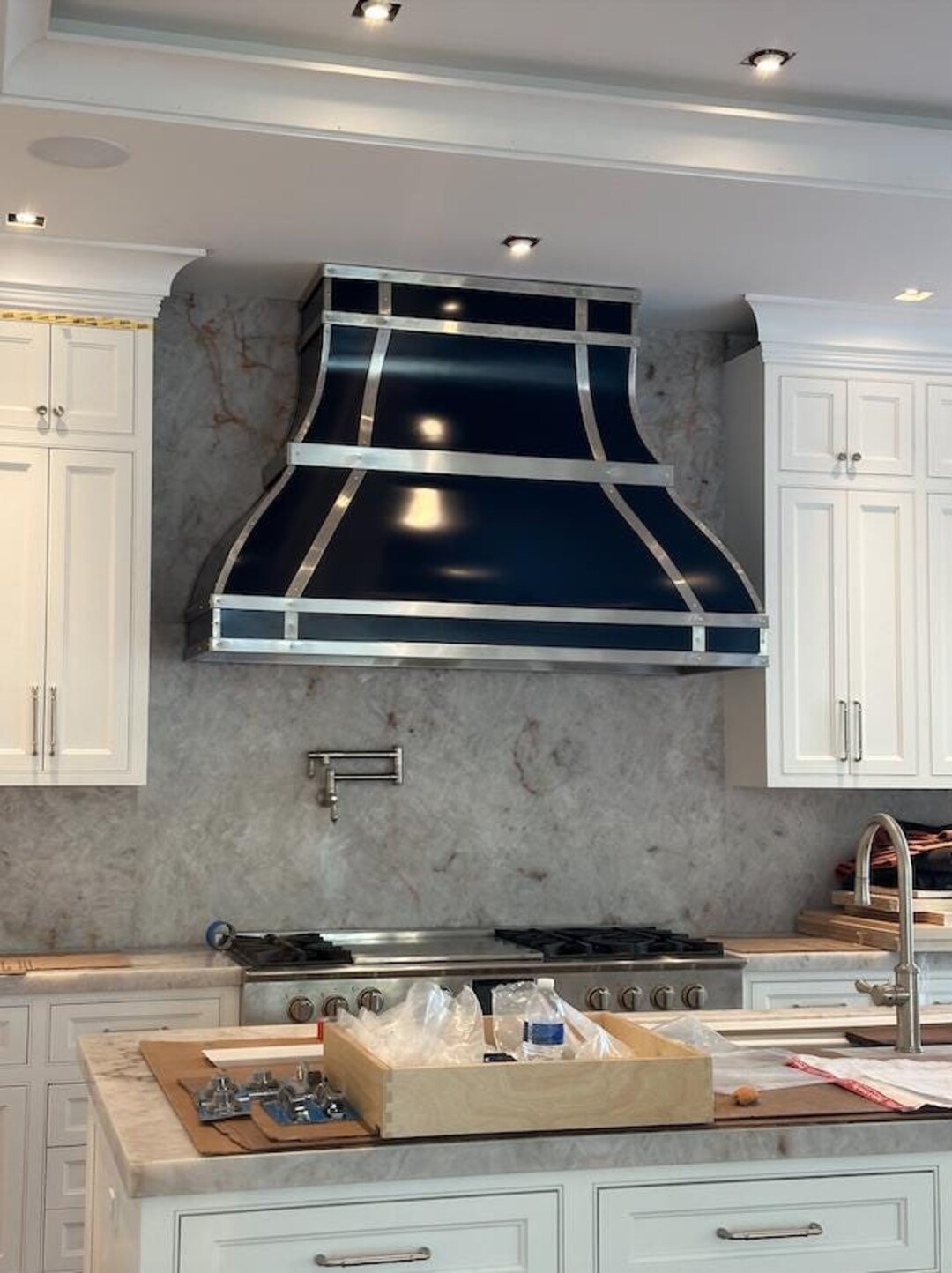 Custom Navy Blue Range Hood With Chrome Stainless Steel Bands ...