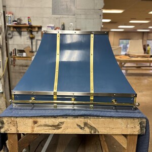 Hand-painted Blue Kitchen Vent Hood With Brass Straps – Custom Rustic ...
