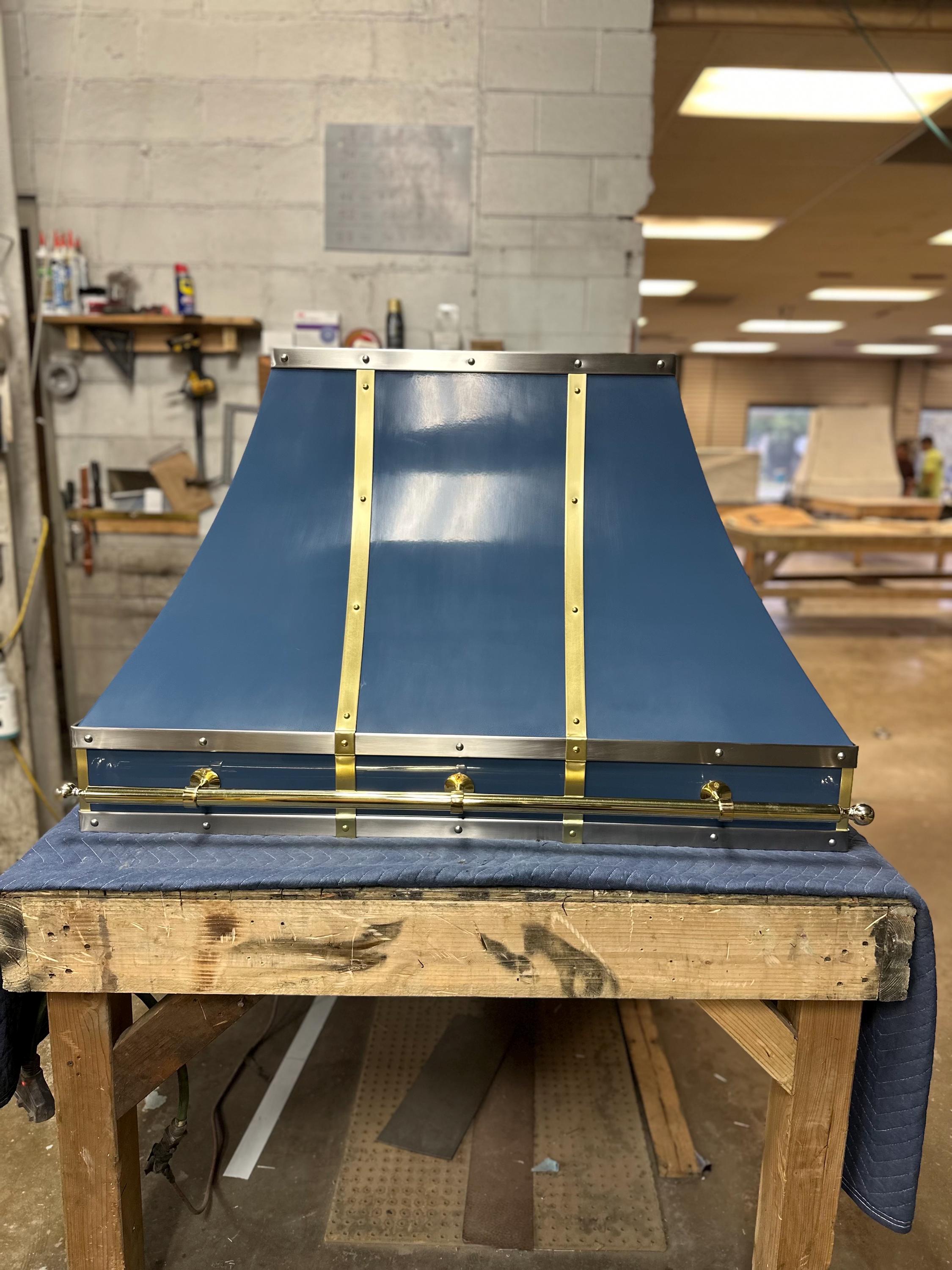 Hand-painted Blue Kitchen Vent Hood With Brass Straps – Custom Rustic ...