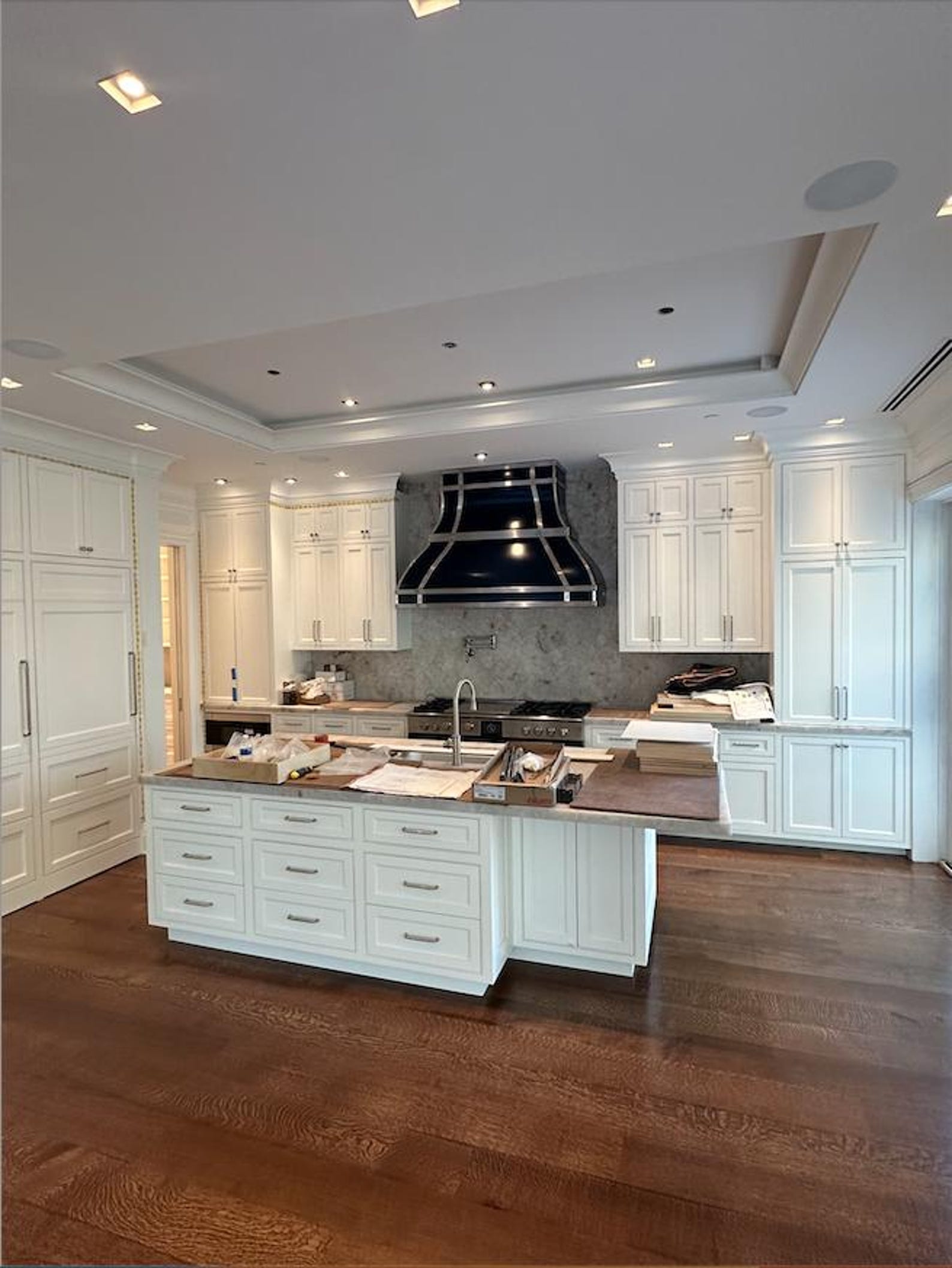 Custom Navy Blue Range Hood With Chrome Stainless Steel Bands ...