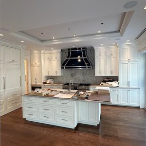 Custom Navy Blue Range Hood With Chrome Stainless Steel Bands ...