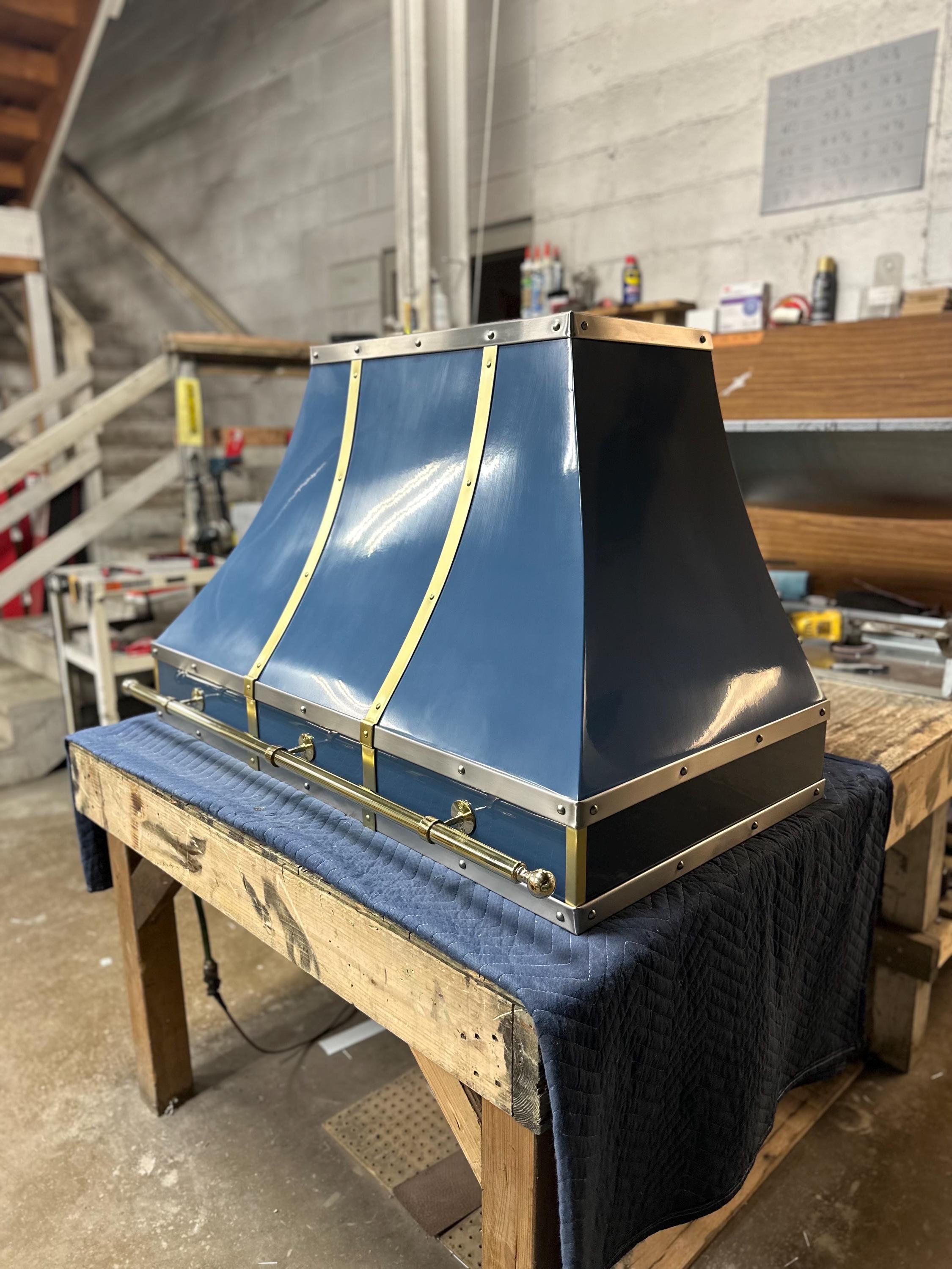 Hand-painted Blue Kitchen Vent Hood With Brass Straps – Custom Rustic ...