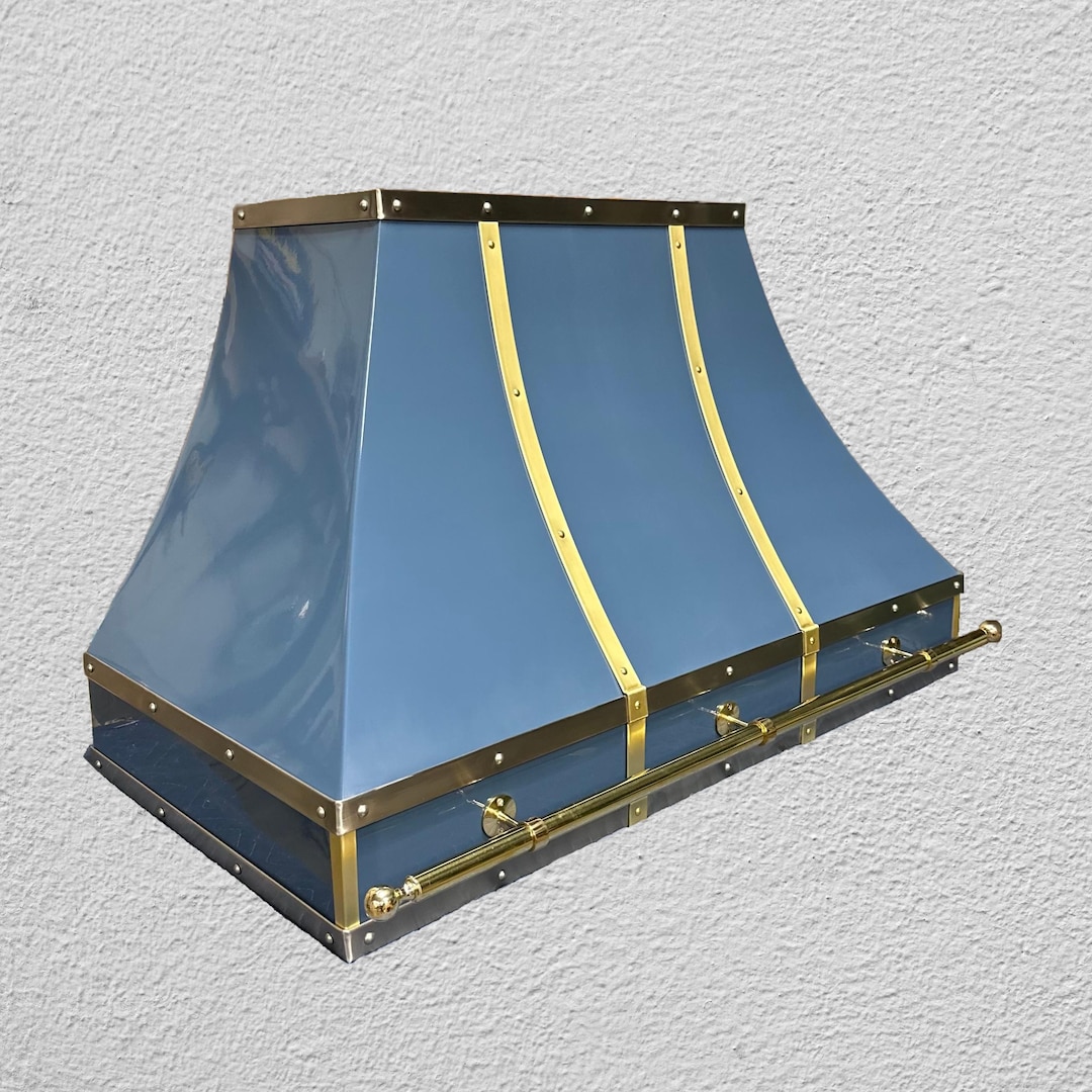 Hand-painted Blue Kitchen Vent Hood With Brass Straps – Custom Rustic ...