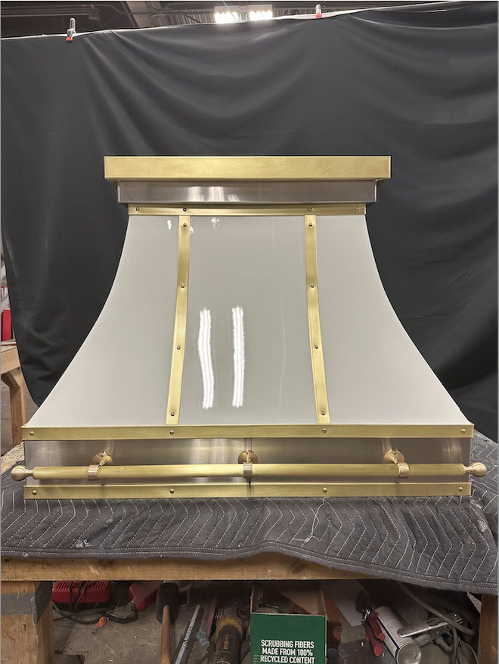Curved Stainless Steel and Brass Custom Range Hood With Accent Rail ...