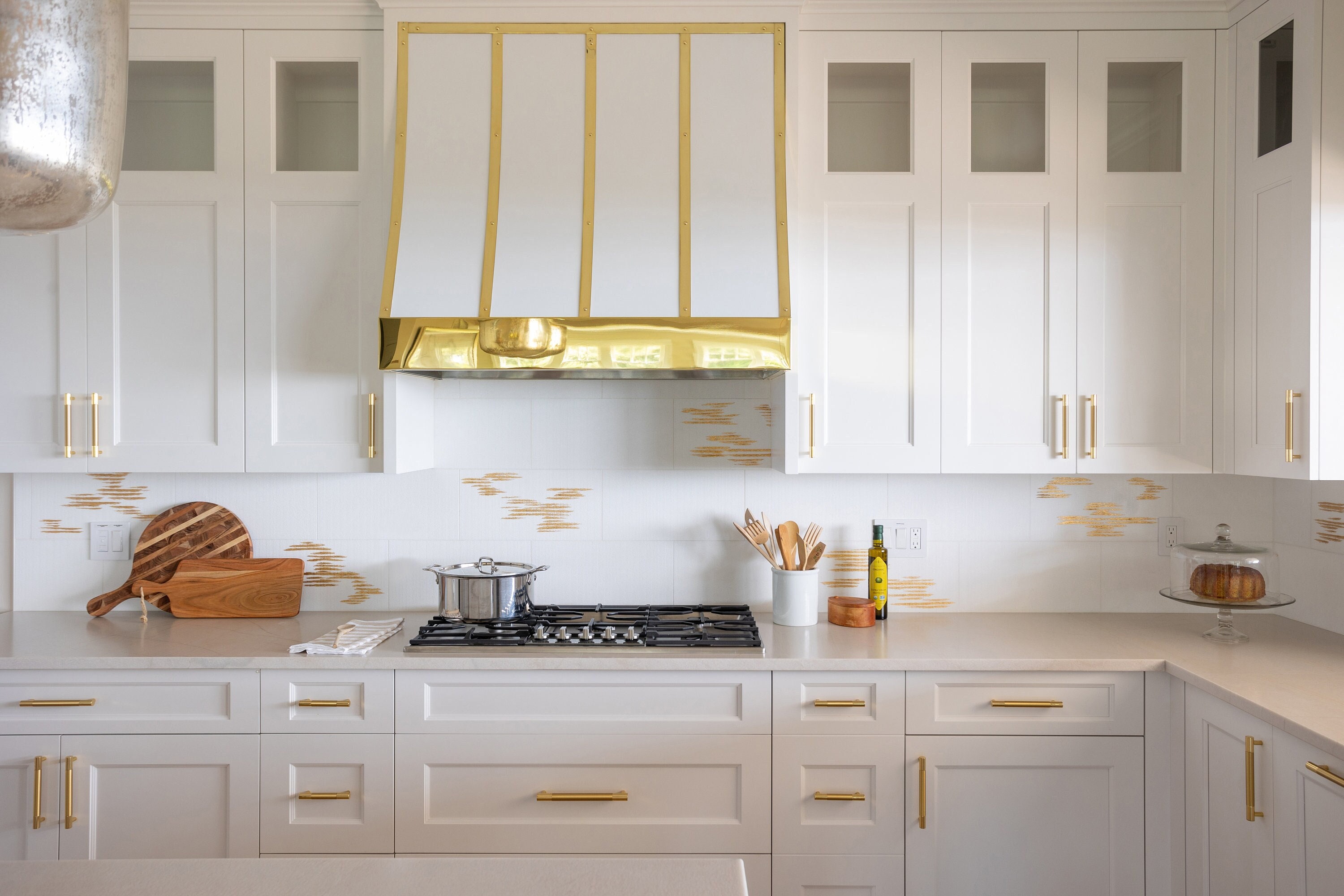 White and Gold (brass) Hood | Wall Mounted Hood | Custom Made Kitchen ...