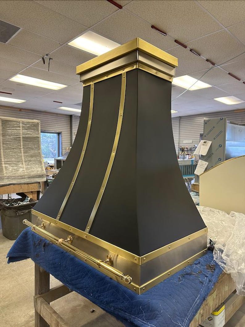 Custom Black Enamel Range Hood With Brass Accents – Luxury Metal ...