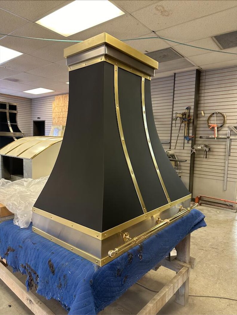 Custom Black Enamel Range Hood With Brass Accents – Luxury Metal ...