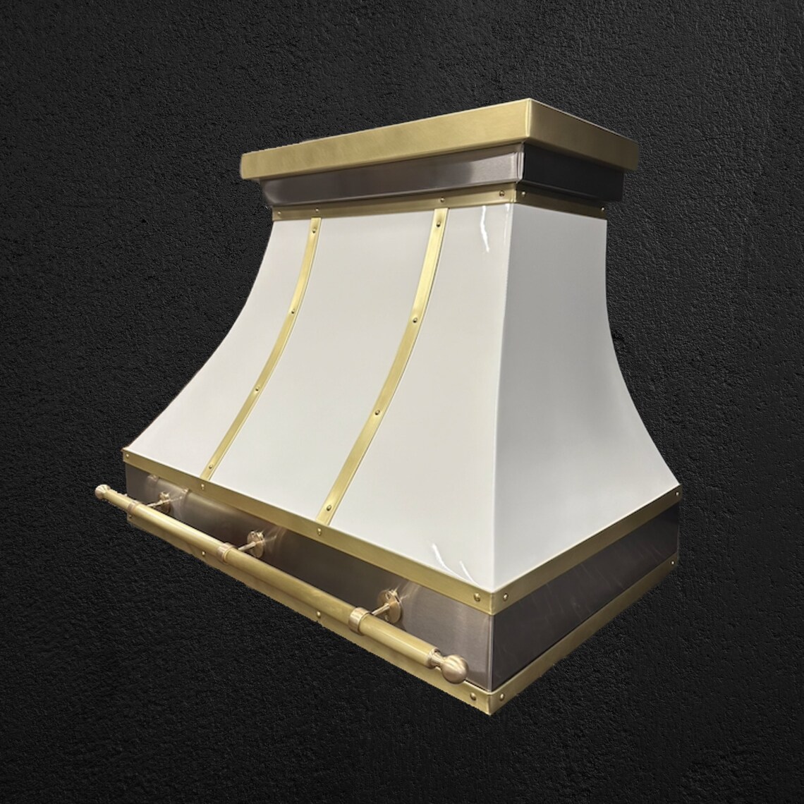 Curved Stainless Steel and Brass Custom Range Hood With Accent Rail ...