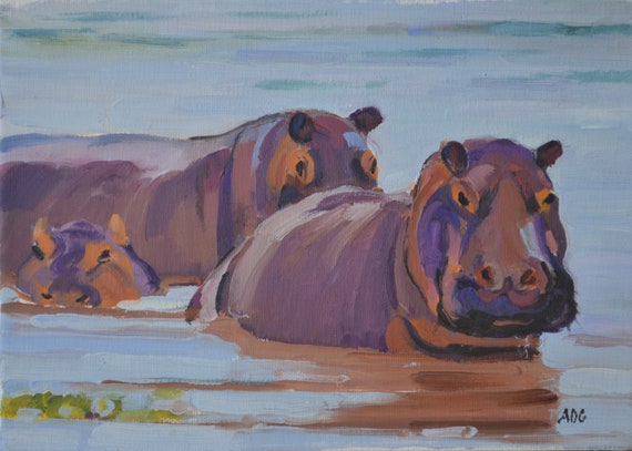 , Original Hippopotamus art Hippo painting 40x50 cm South African ...