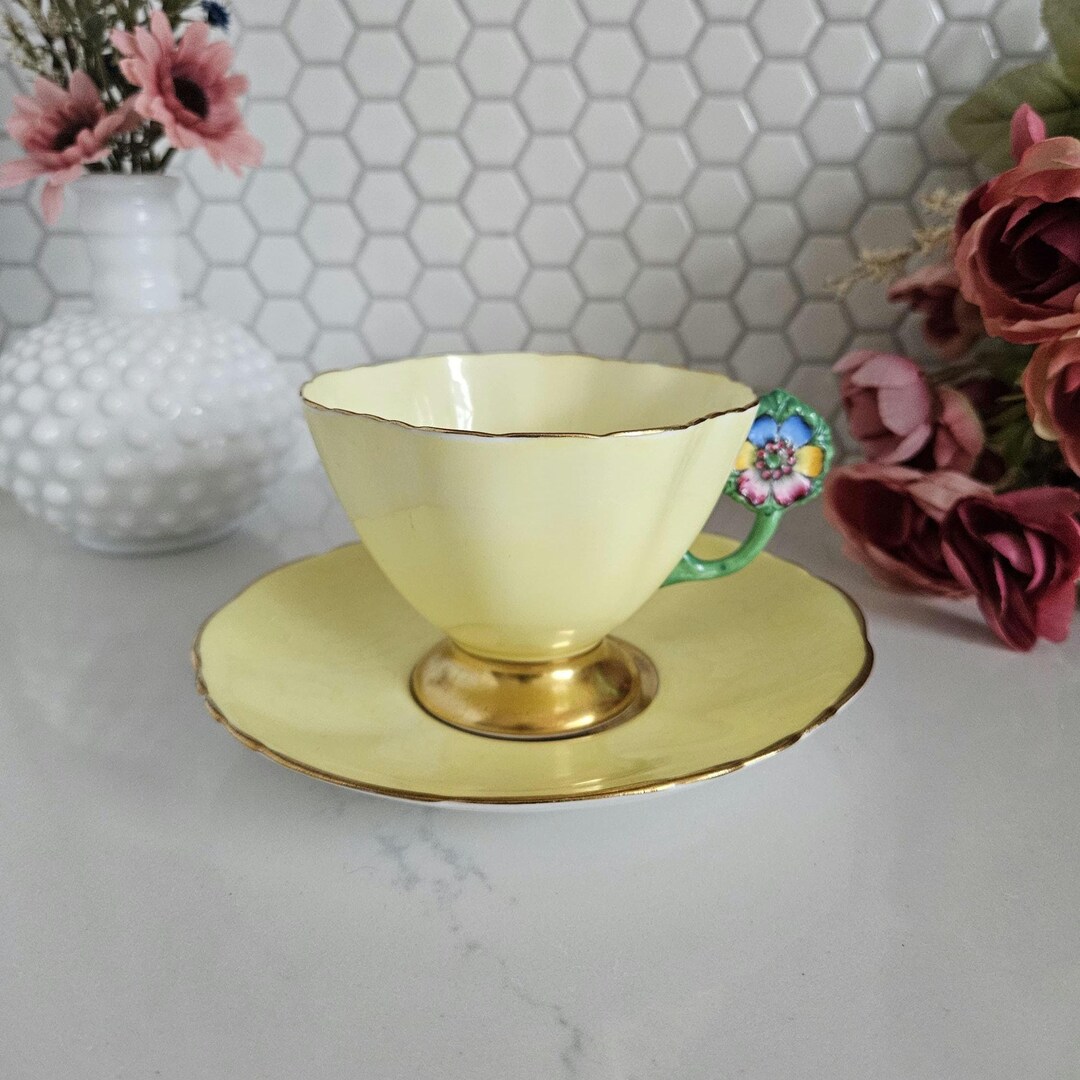 Vintage Hammersley Pansy Handle Teacup & Saucer | Pastel Yellow With ...