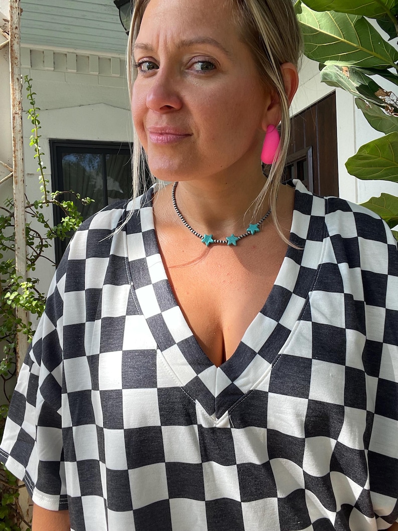 The {star Dust} Silver Faux Navajo Pearl With Three Turquoise Stars Short Necklace. - Etsy