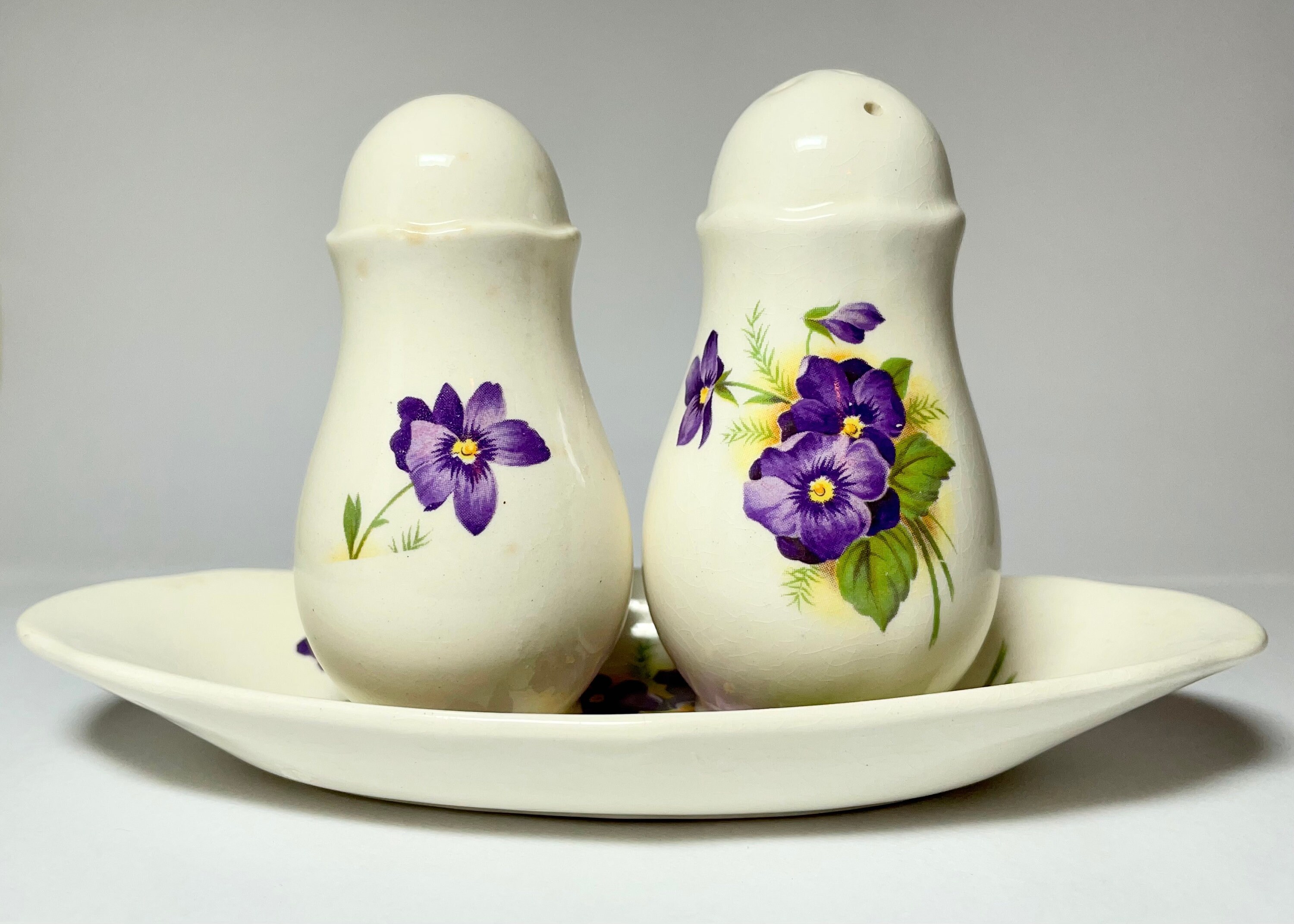 RARE PALISSY POTTERY viola Pattern Transferware Salt & Pepper Shaker ...