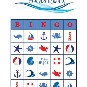 The Seashore Bingo 30 Printable Nautical Beach Birthday / Bridal Party ...