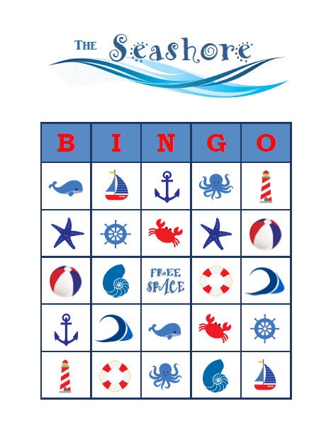 The Seashore Bingo 30 Printable Nautical Beach Birthday / Bridal Party ...