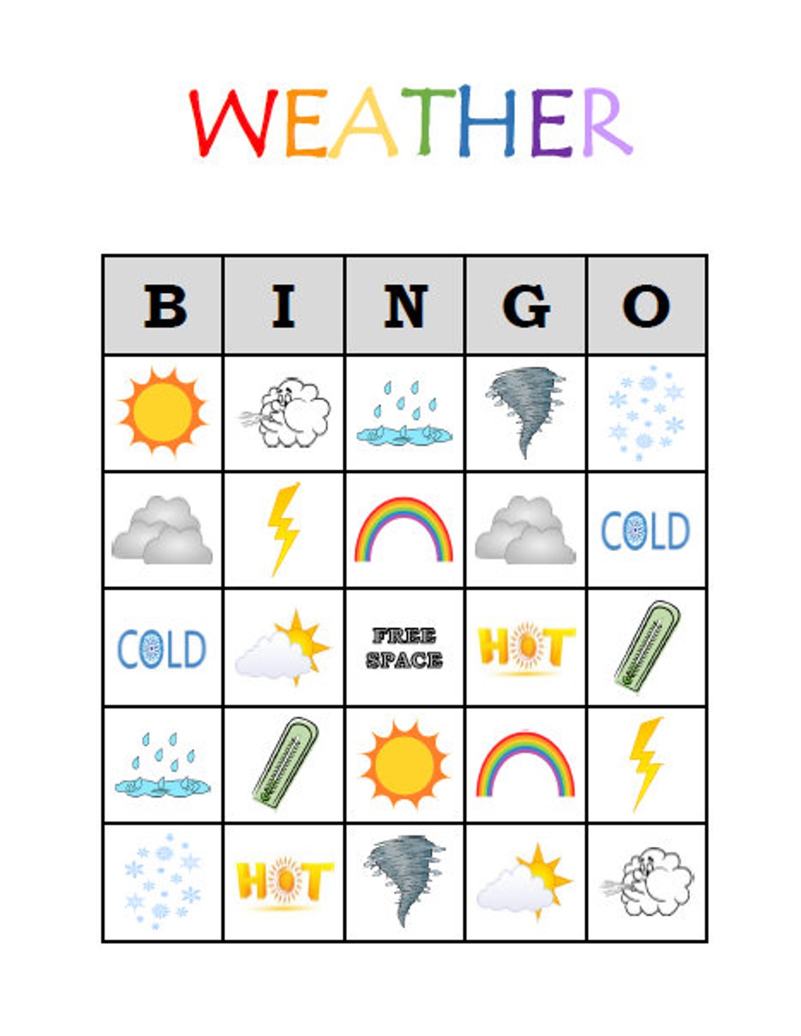Weather Bingo 30 Printable Fun Educational Kids Birthday Party Bingo ...