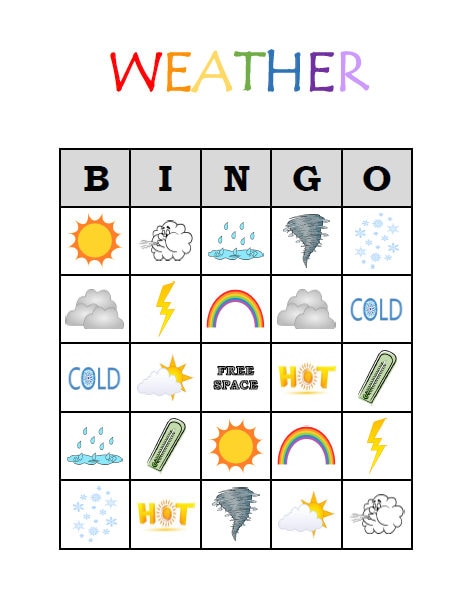 Weather Bingo 30 Printable Fun Educational Kids Birthday Party Bingo ...