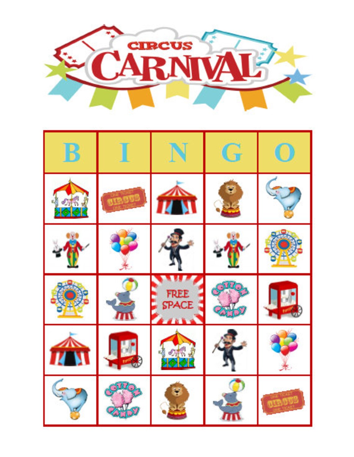 Circus Carnival Bingo 30 Printable Birthday Party Bingo Game Cards - Etsy