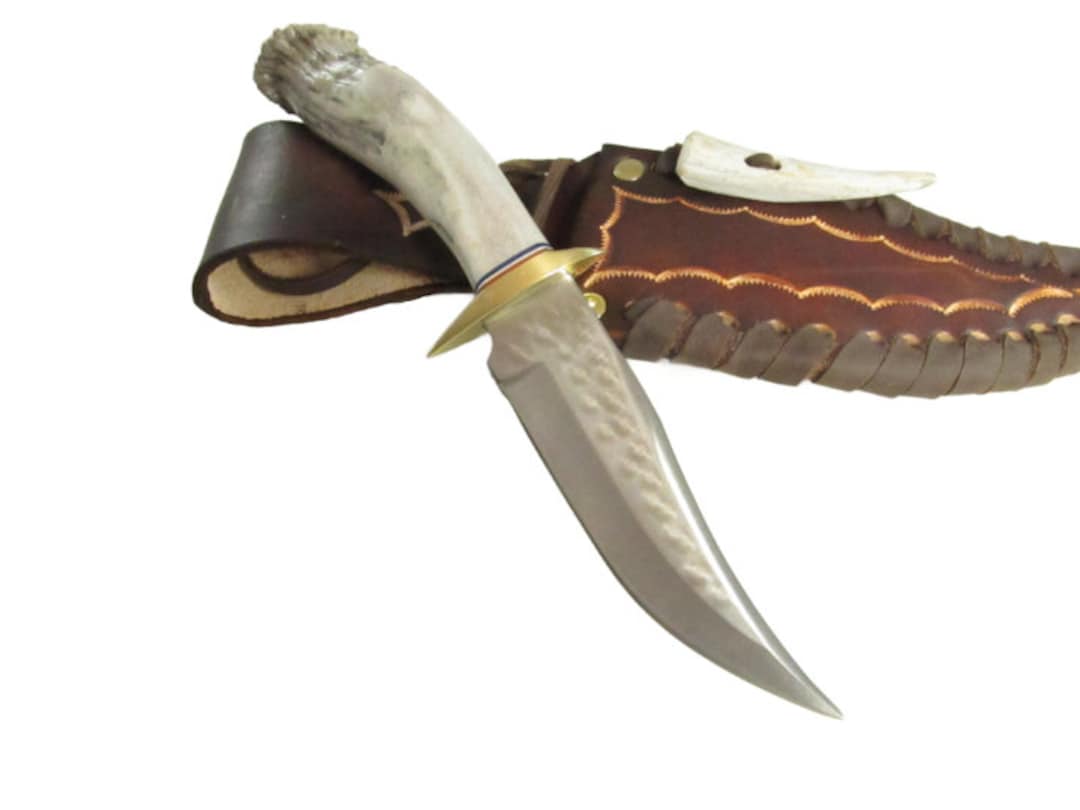 Bowie Hunting Knife, Antler Handle Knife With Leather Sheath, Handmade ...