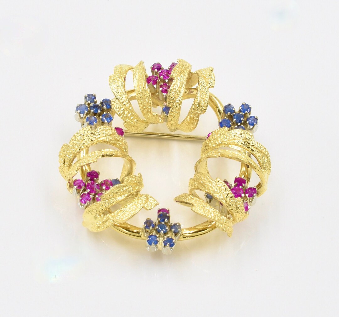 Vintage 18K Solid Gold Pin With Genuine Rubies & Sapphires - Etsy