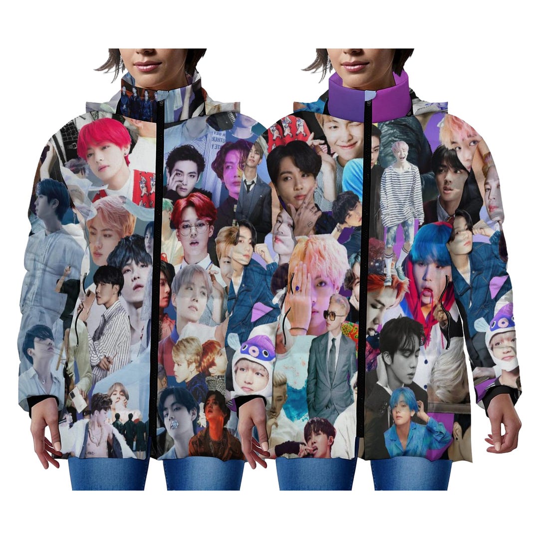 BTS Collage Print Women's Winter Puffer Jacket W/ Collar & Removable ...