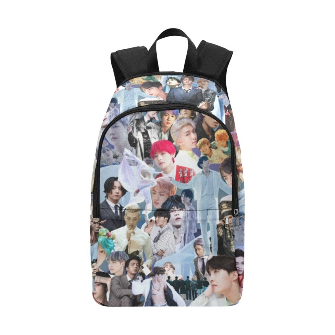 Gray BTS Collage Print Fabric Backpack - K-pop Inspired School ...