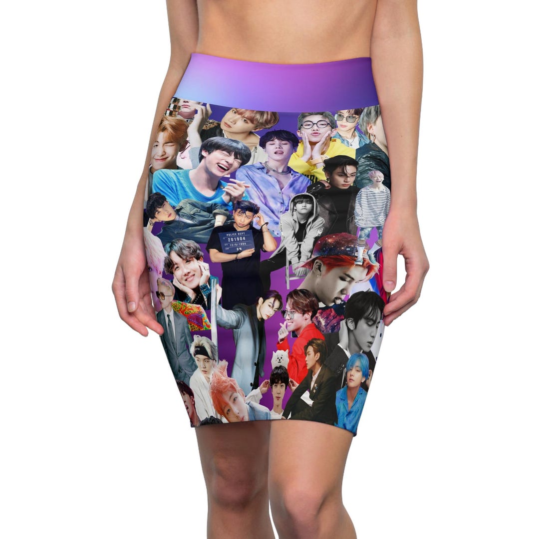 Purple BTS Collage Women's Allover Print Pencil Skirt - Mid Waist Above ...