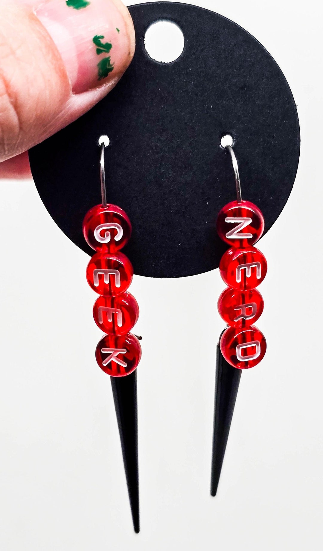 Geek Nerd Letter Beads & Black Spikes Dangle Earrings - Kidney-shaped ...