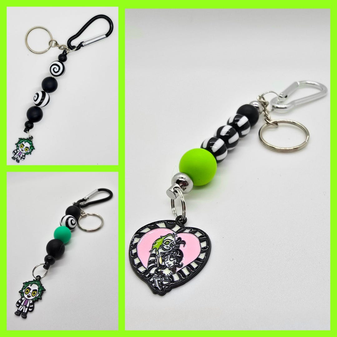 Beetlejuice-inspired Beaded Keychains W/ Carabiner and Keyring - Key ...