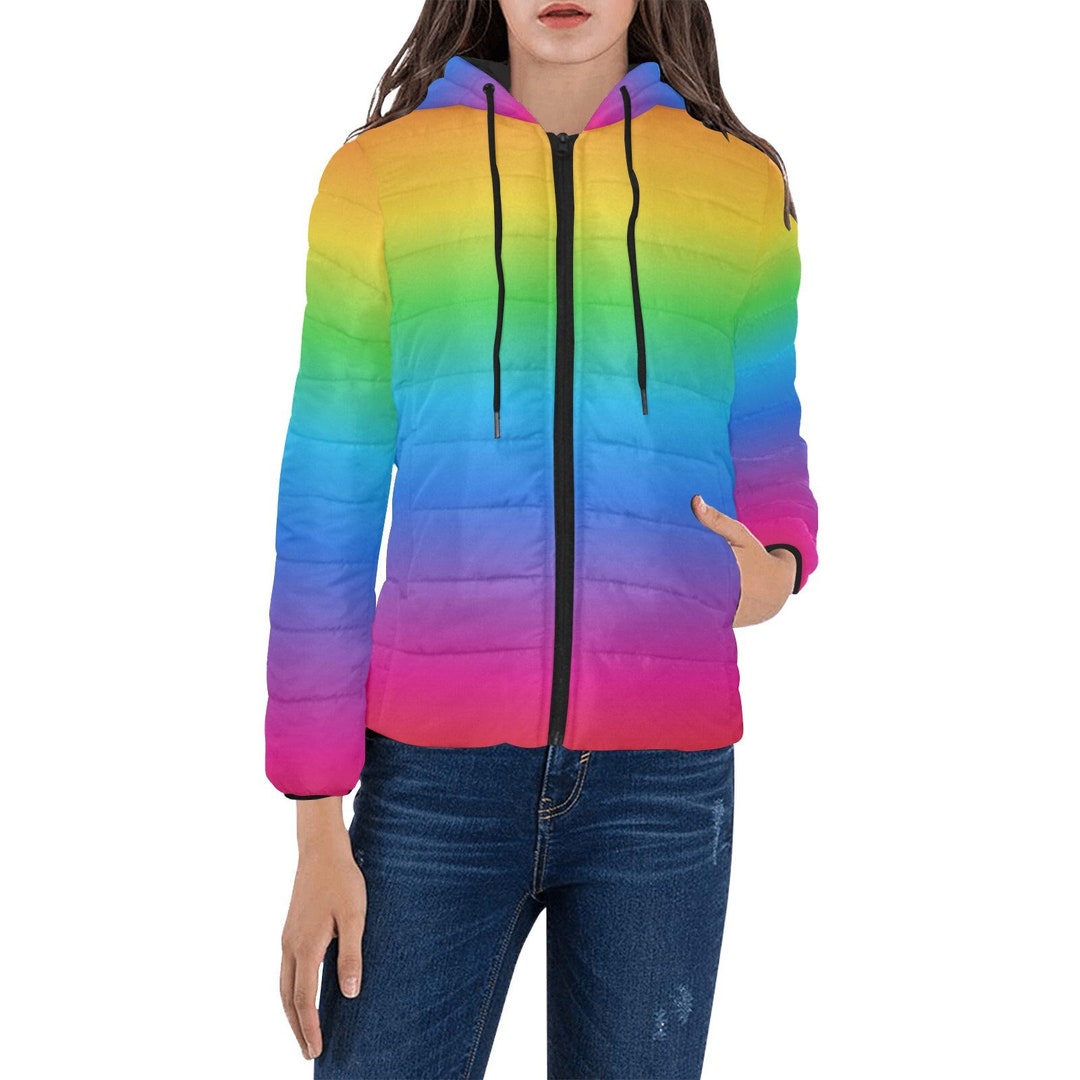 Rainbow Ombre Women's Hooded Winter Puffer Jacket - Front Black Zipper ...