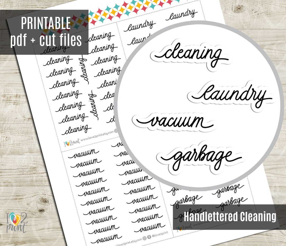 Handlettered Cleaning Planner Stickers, Laundry Script Words Printable ...