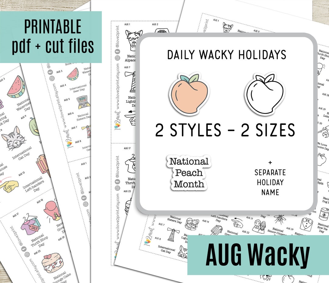 AUGUST Daily Wacky Holidays Icons Planner Stickers, Hand-drawn ...