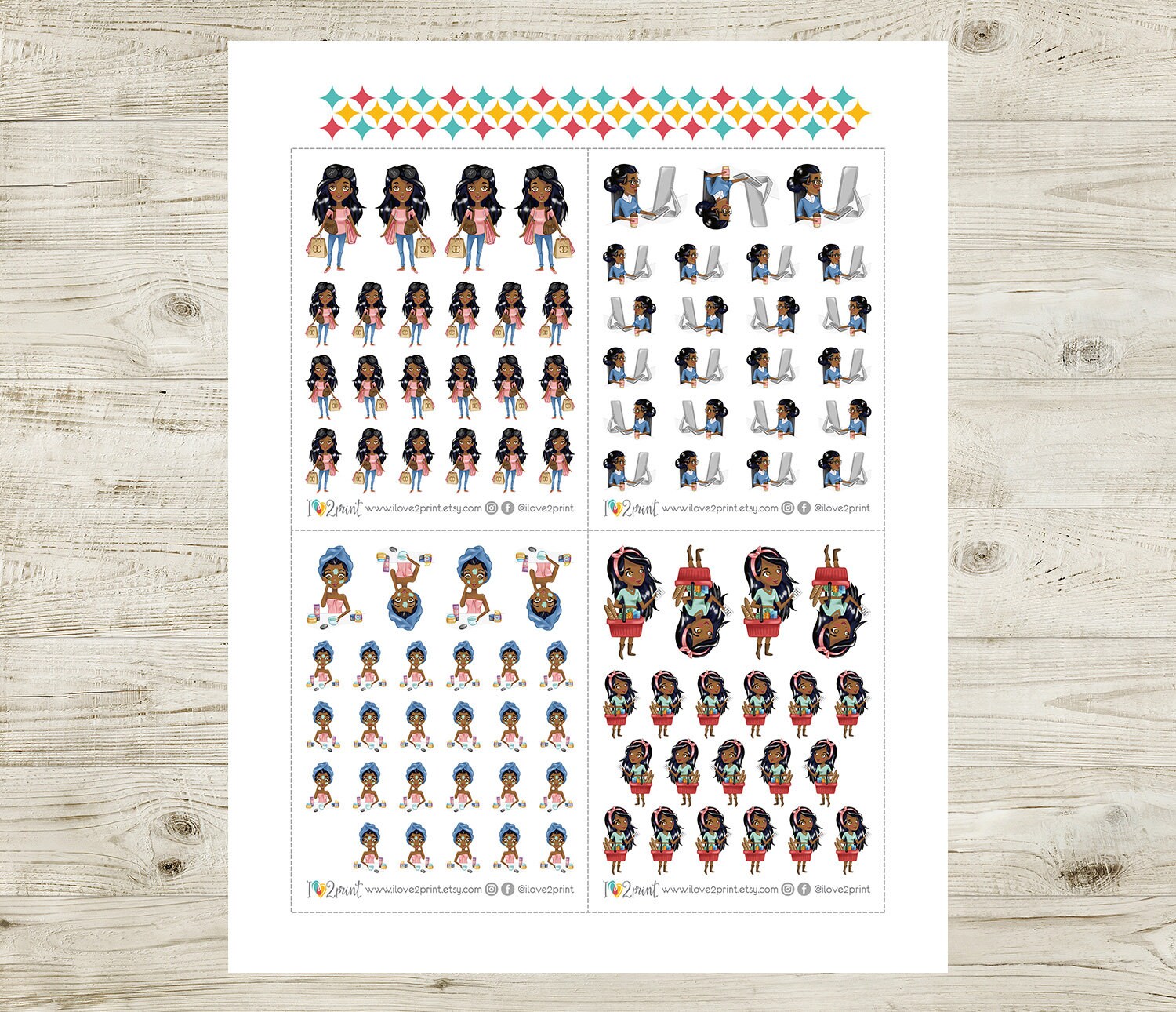 Cute Planner Girl Stickers Brown Skin Black Hair Set1 | Etsy